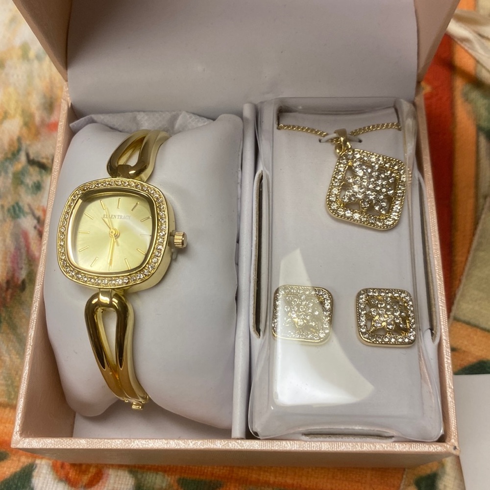 Ellen Tracy Gold Watch, Necklace And Earrings Set. Ne… - Gem